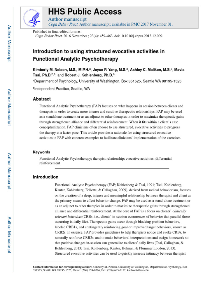 4.2 Introduction To Using Structured Evocative Activities in Functional Analytic Psychotherapy ...