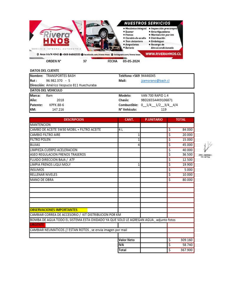 Presupuesto N37 - Movil N119 RAM - 700 | PDF