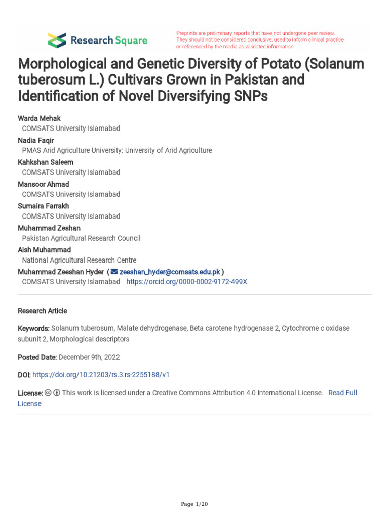 Morphological and Genetic Diversity of Potato Sola | PDF | Single ...