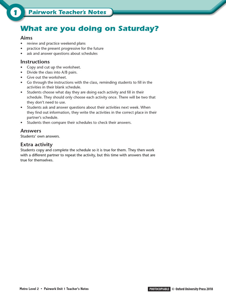 Metro Level 2 Pairwork Worksheets | PDF