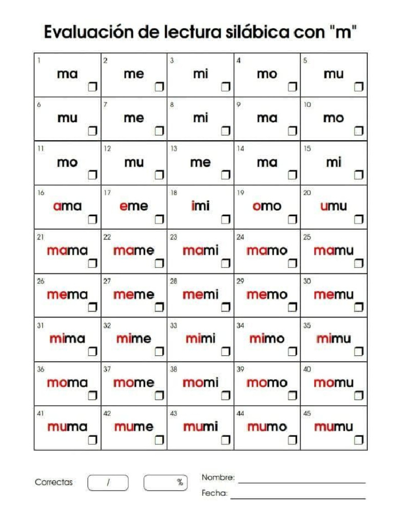 Tabla de Lectura Letra M | PDF