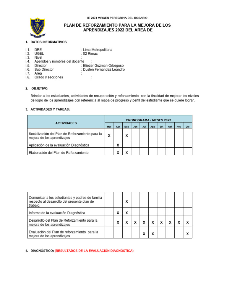 Plan de Reforzamiento para La Mejora de Ap 2022 Ie 2074 Virgen ...