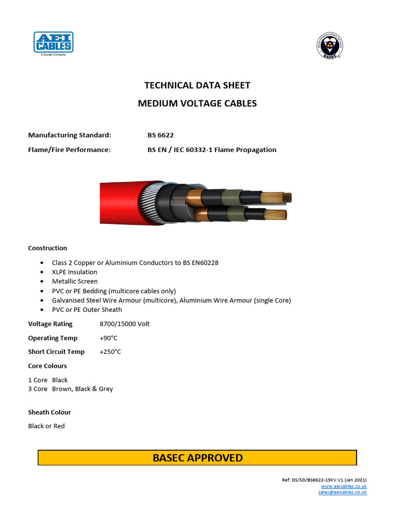Technical Data Sheet Medium Voltage Cables: Basec Approved | PDF | Insulator (Electricity ...