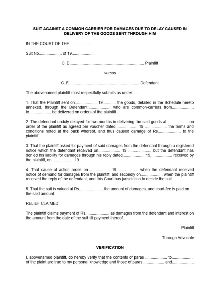 Suit Against A Common Carrier For Damages Due To Delay Caused in ...