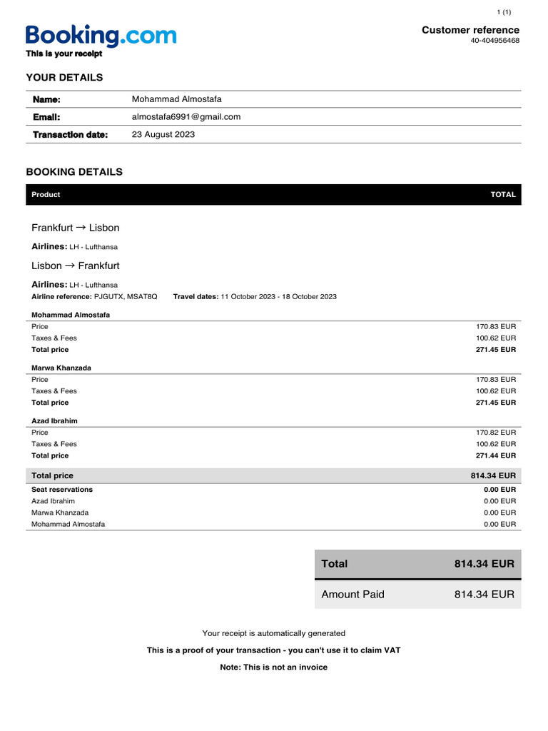 Lufthansa Flight Booking Receipt | PDF | Receipt | Government Finances