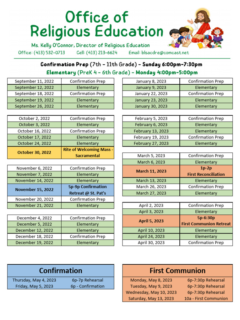 2022-2023 Religious Ed Schedule | PDF | Confirmation | Catholic Church