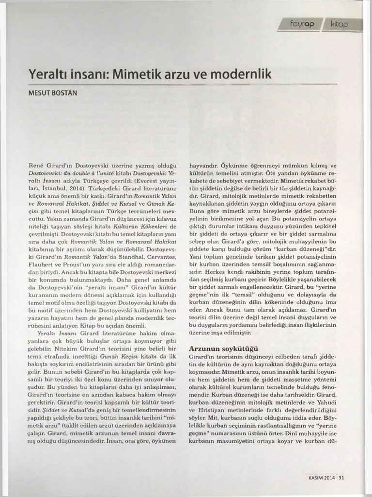 Yeraltı İnsanı Mimetik Arzu Ve Modernlik | PDF