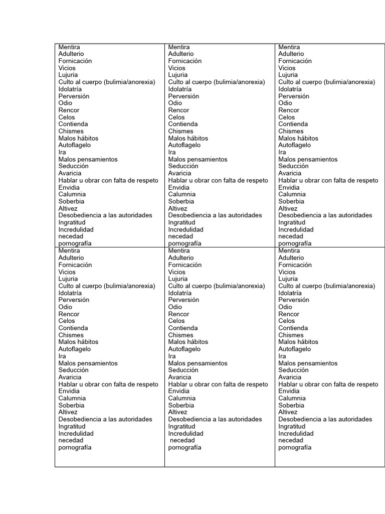 Lista de Pecados | PDF | Siete pecados capitales | Las emociones