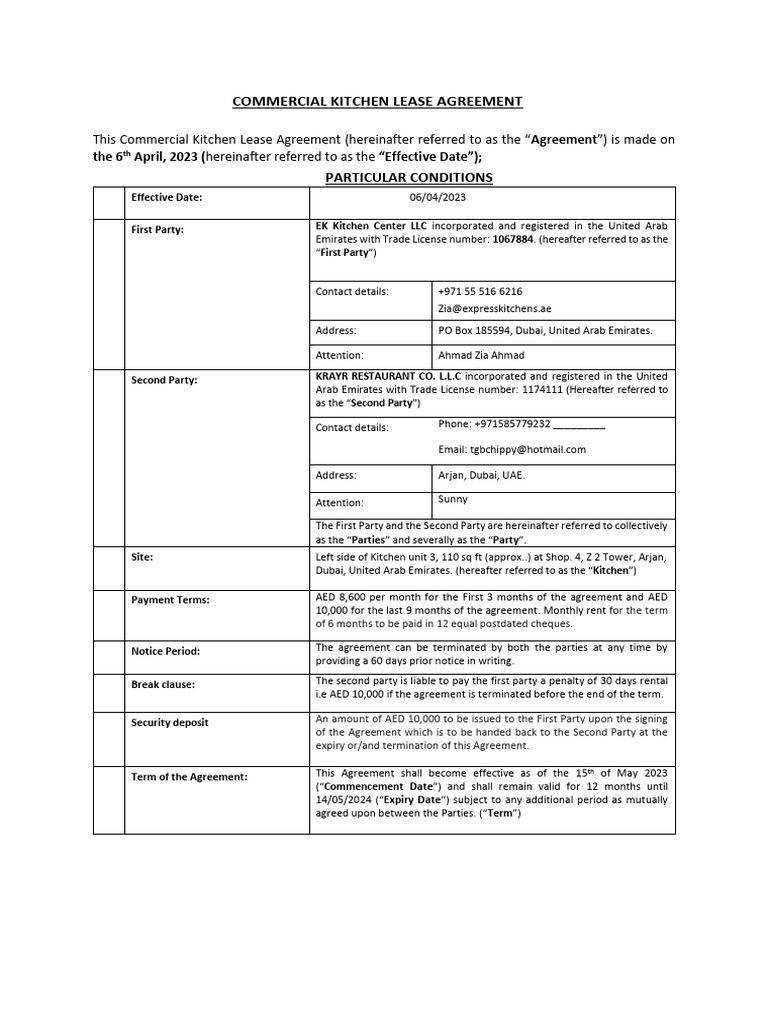 Commercial Kitchen Lease Agreement-1 | PDF | Indemnity | Legal Liability