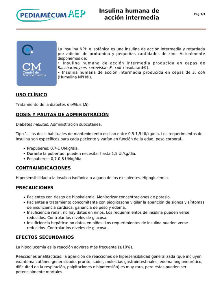 Insulina Humana de Acción Intermedia | PDF | Insulina | Hipoglucemia