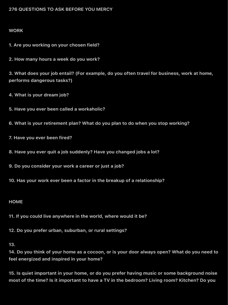 276 Questions To Ask Before You Mercy 2 | PDF | Crimes | Crime & Violence 276 Questions To Ask Before You Mercy 2 | PDF | Crimes | Crime & Violence