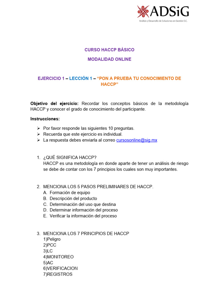 Ejercicio 1 Lección 1 Pon A Prueba Tu Conocimiento de Haccp Rev02 | PDF | Análisis de Riesgo y ...
