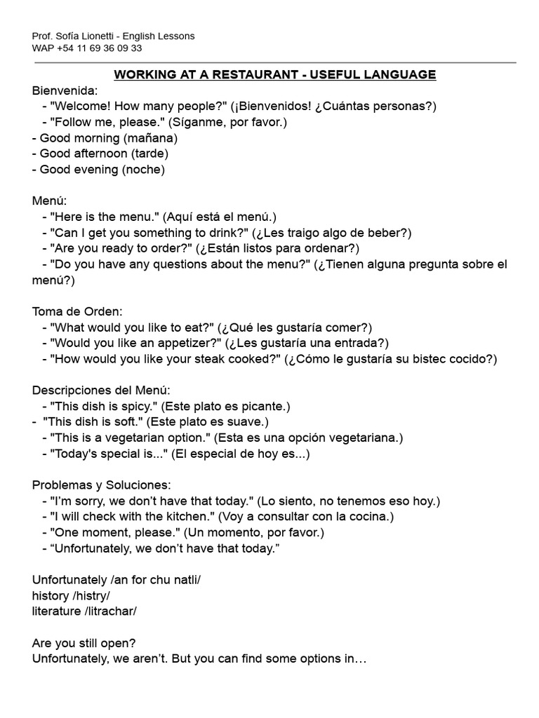 Working at A Restaurant - Useful Language | PDF