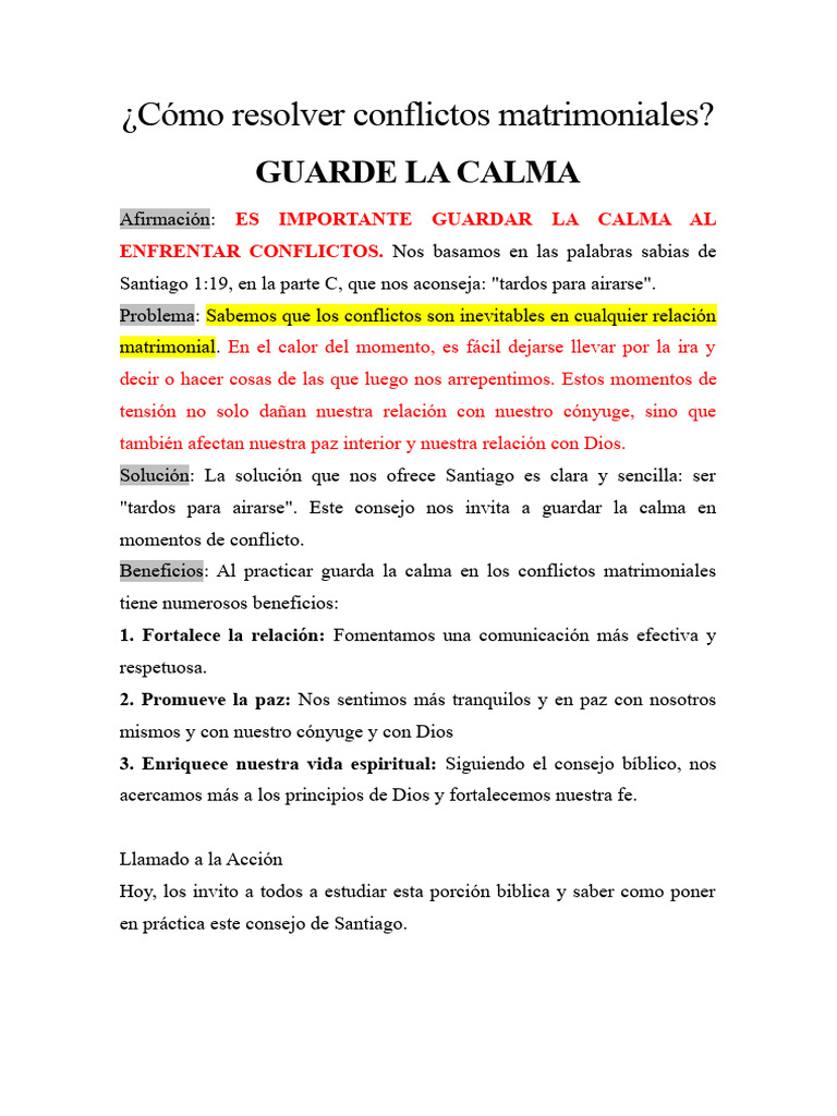 GUARDE LA CALMA Cómo Resolver Conflictos Matrimoniales | PDF | Amor | Matrimonio
