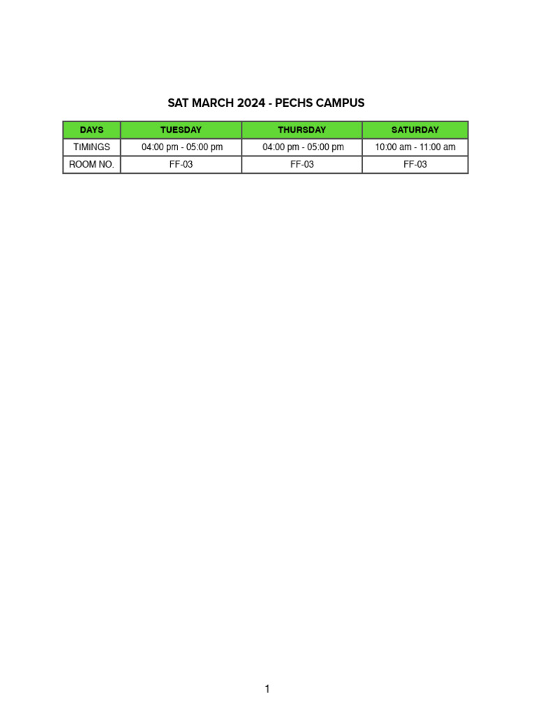 SAT March 2024 Schedule - PECHS Campus | PDF