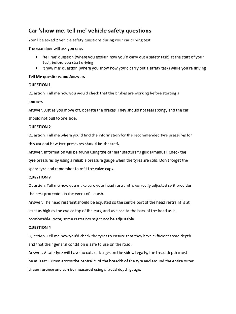 Show Me Tell Me Questions | PDF | Tire | Headlamp