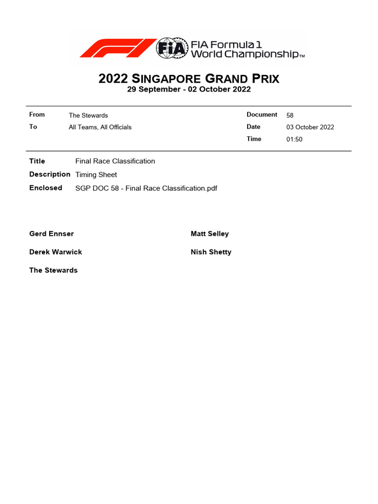 2022 Singapore Grand Prix - Final Race Classification | PDF | Formula ...