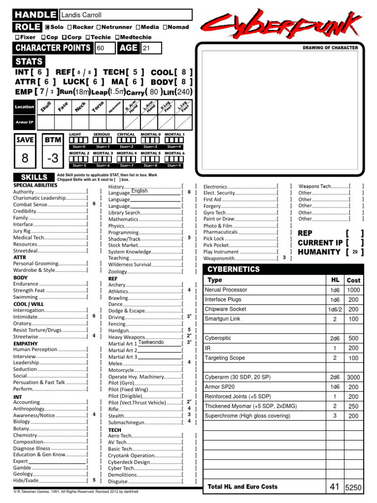CP2020 Character Sheet Landis Carroll | PDF