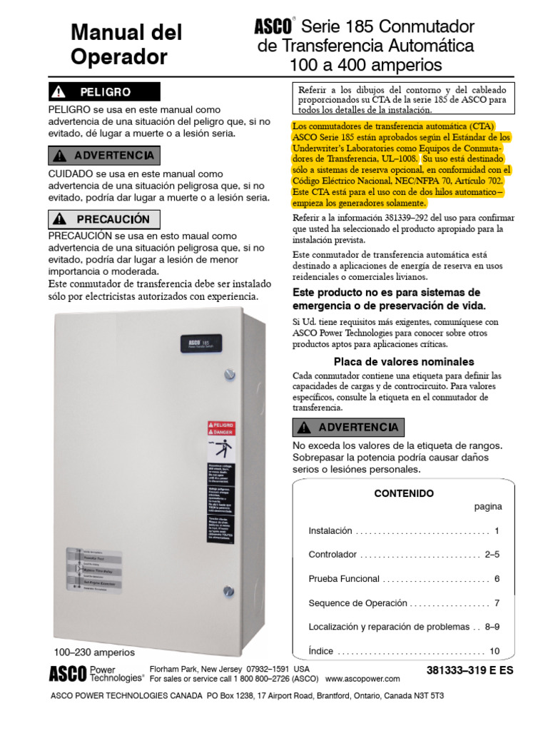 ASCO 185 Series FICHA TECNICA. | PDF | Generador eléctrico | Cambiar