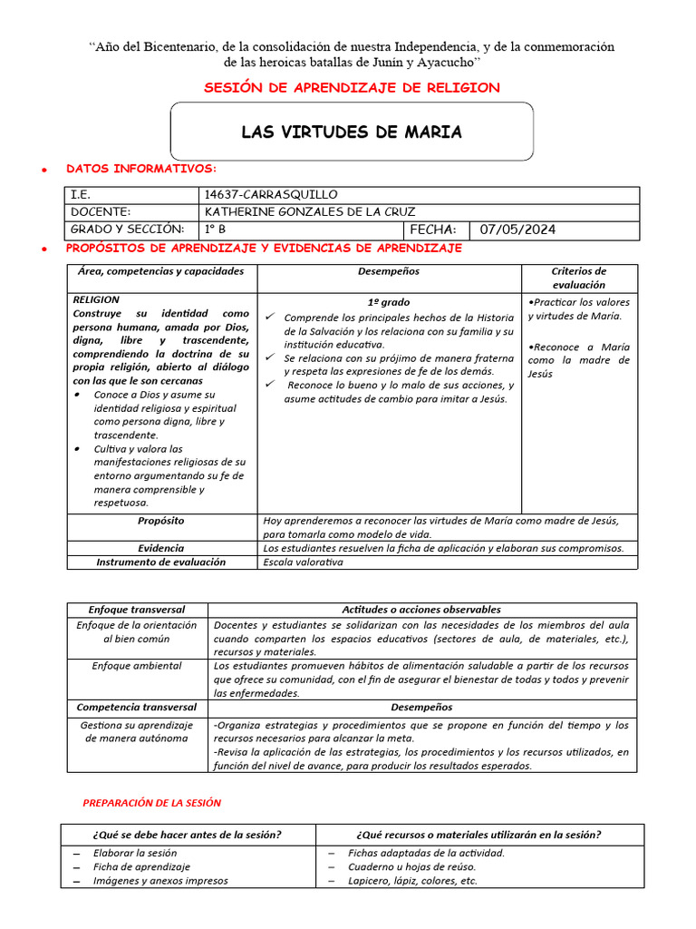 1º U2 S5 Sesion D2 Religion Las Virtudes de Maria Maestras de Primaria Del Peru | PDF | María ...