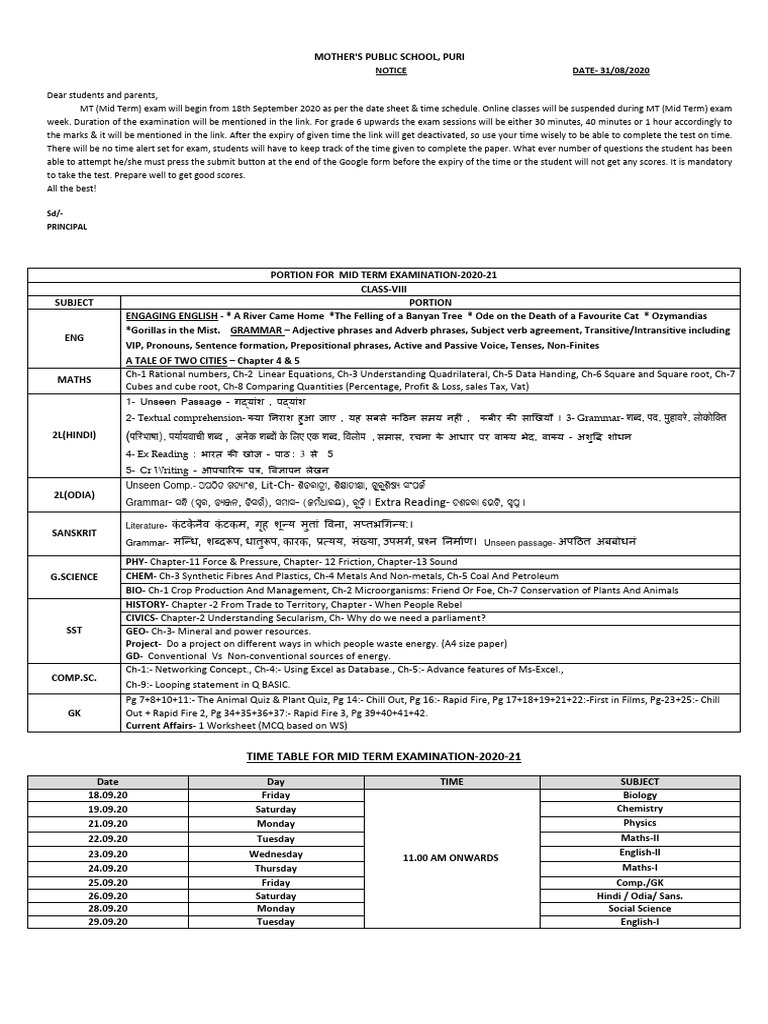 STD - Viii Portion & Datesheet For Mid Term Exam-2020-21 | PDF | Verb ...