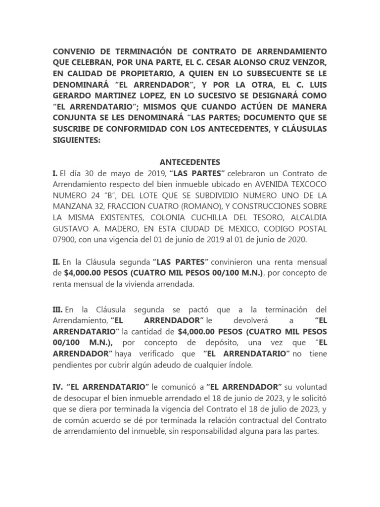 Convenio de Terminacion de Contrato de Arrendamiento | PDF | Ley común | Justicia