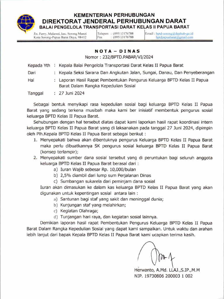 Nota Dinas Hasil Rapat Pembentukan Pengurus Keluarga BPTD Kls ...