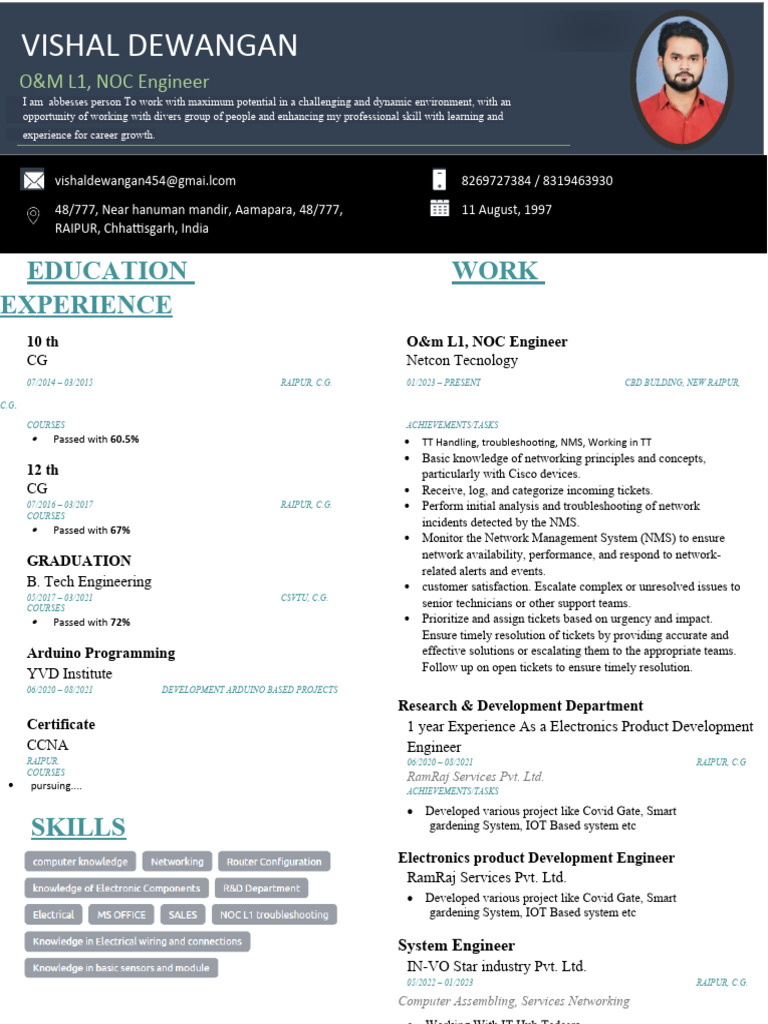 Vishal Resume L1 | PDF | Cisco Certifications | Internet Of Things