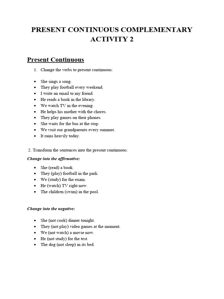 Present Continuous Complementary Activity 2 | PDF | Linguistics