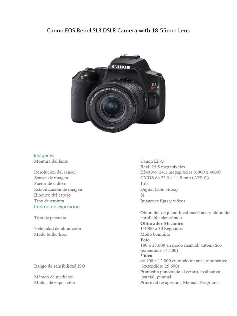 Canon EOS Rebel SL3: Detalles Técnicos | PDF | Exposición (fotografía ...