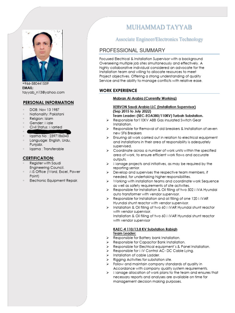 CV-Tayyab (4) | PDF | Electrical Substation | Saudi Arabia