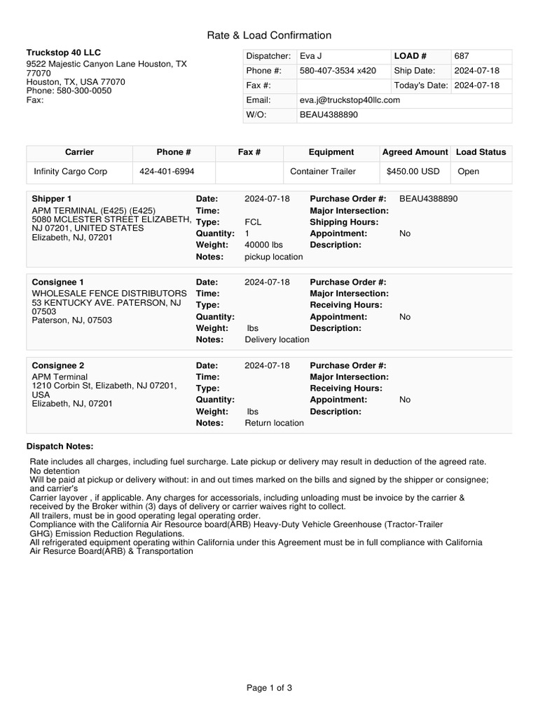 Load Confirmation 687 | PDF | Cargo | Transport