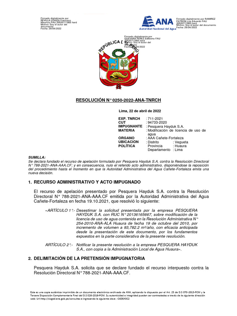 Apelación de Licencia de Agua: Pesquera Hayduk S.A. | PDF | Evaluación ...