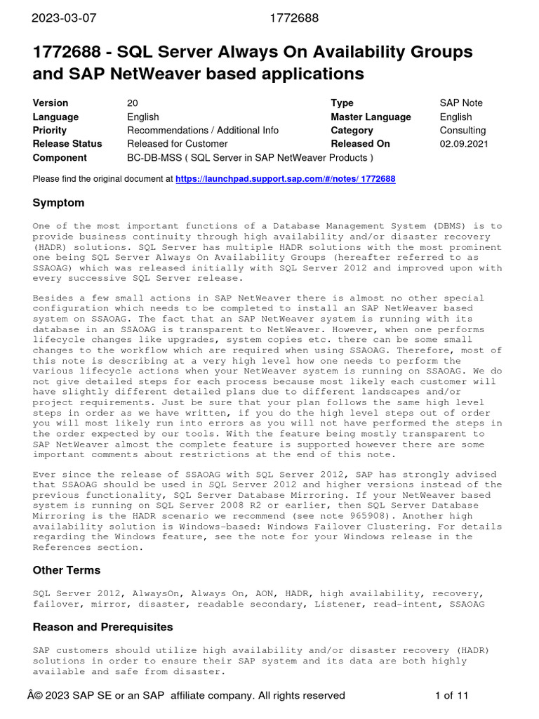 SQL Server Always On Availability Groups and SAP NetWeaver Based Applications | PDF | Databases ...