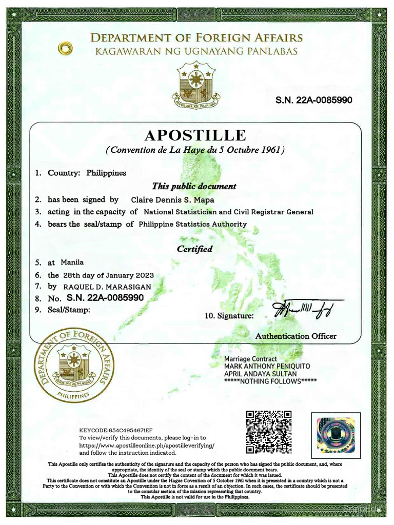 Apostille for Philippine Marriage Contract | PDF