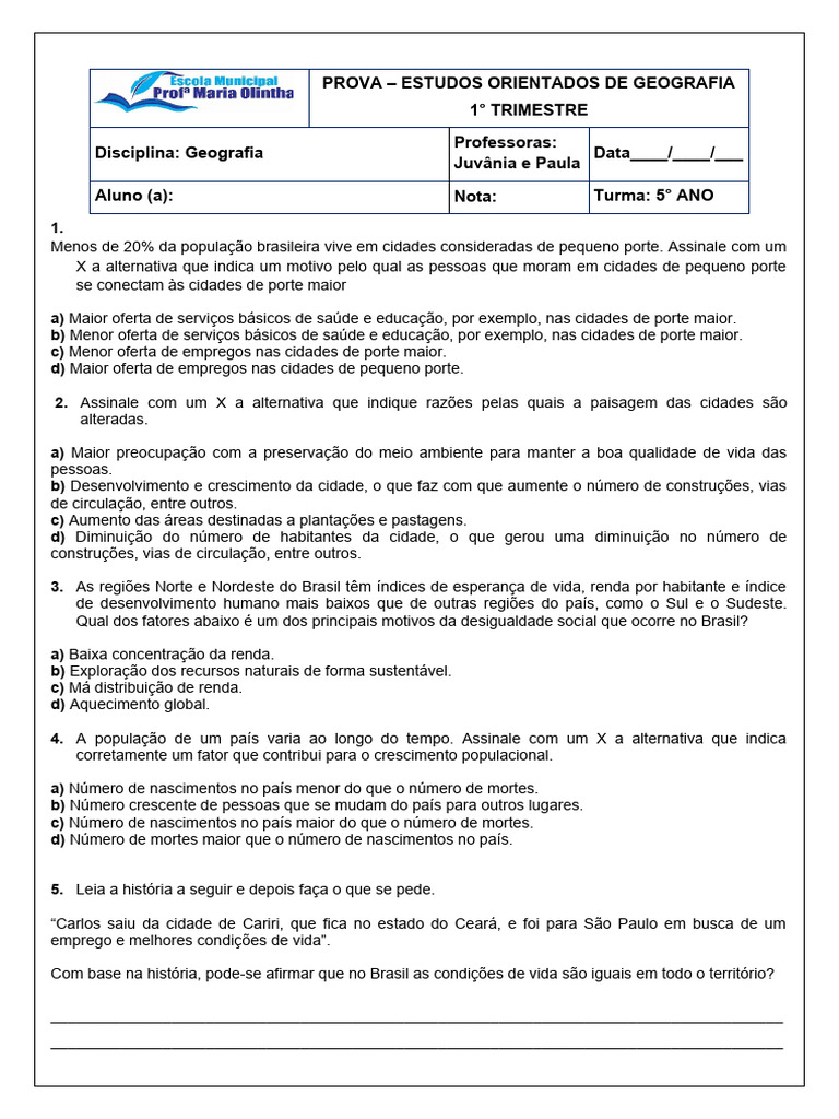 Prova Estudos Orientados Geo e Hist 5 Ano | PDF | Brasil | Desigualdade econômica