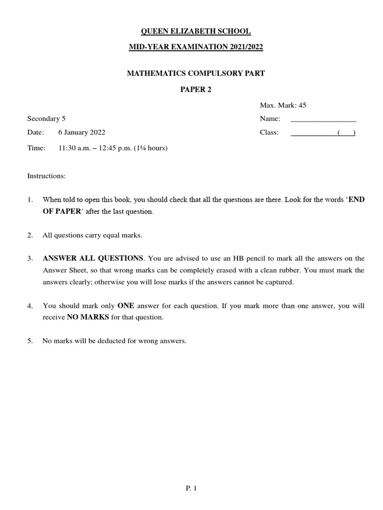 2021-22 S5 Maths Core Mid-Year Exam Paper 2 | PDF | Mathematics