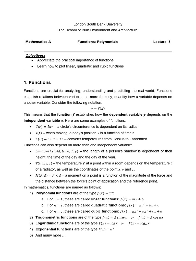Mathematics a - Lecture 5 - Functions | PDF | Function (Mathematics) | Quadratic Equation