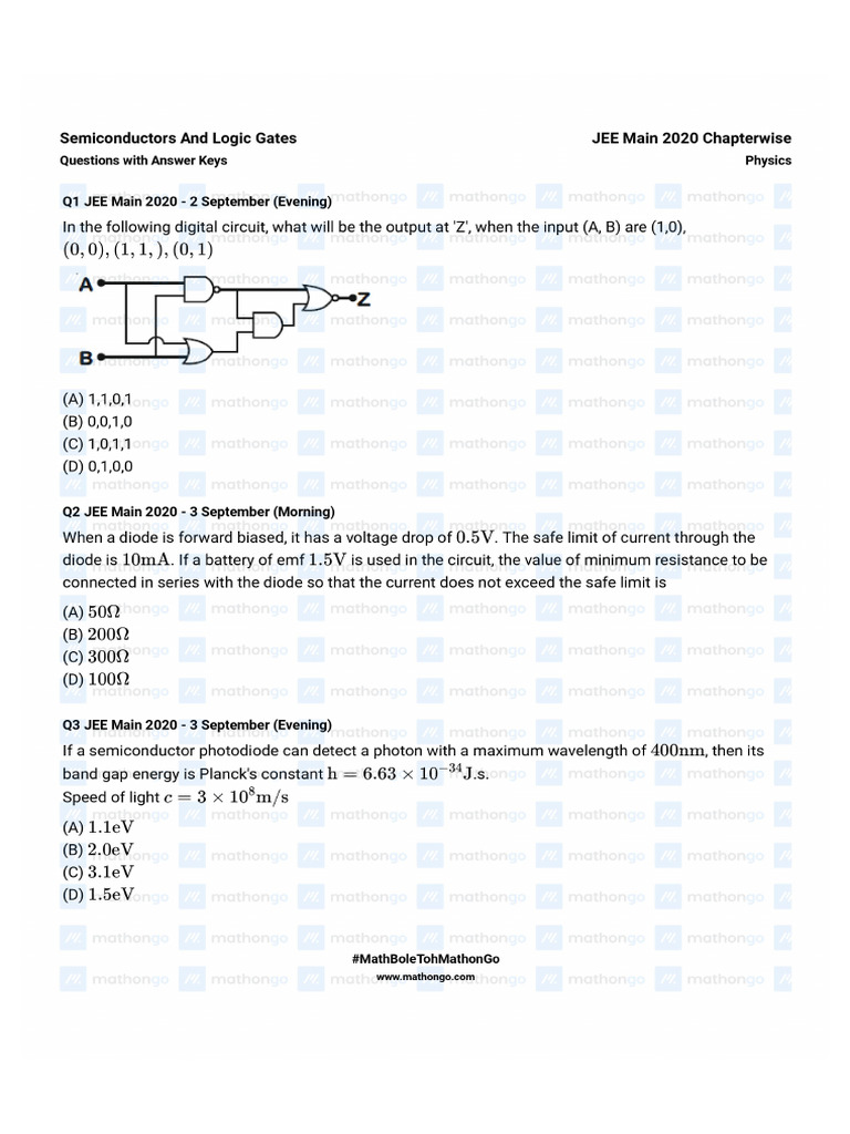 Semiconductors and Logic Gates Questions Jee Main 2020 Chapterwise ...