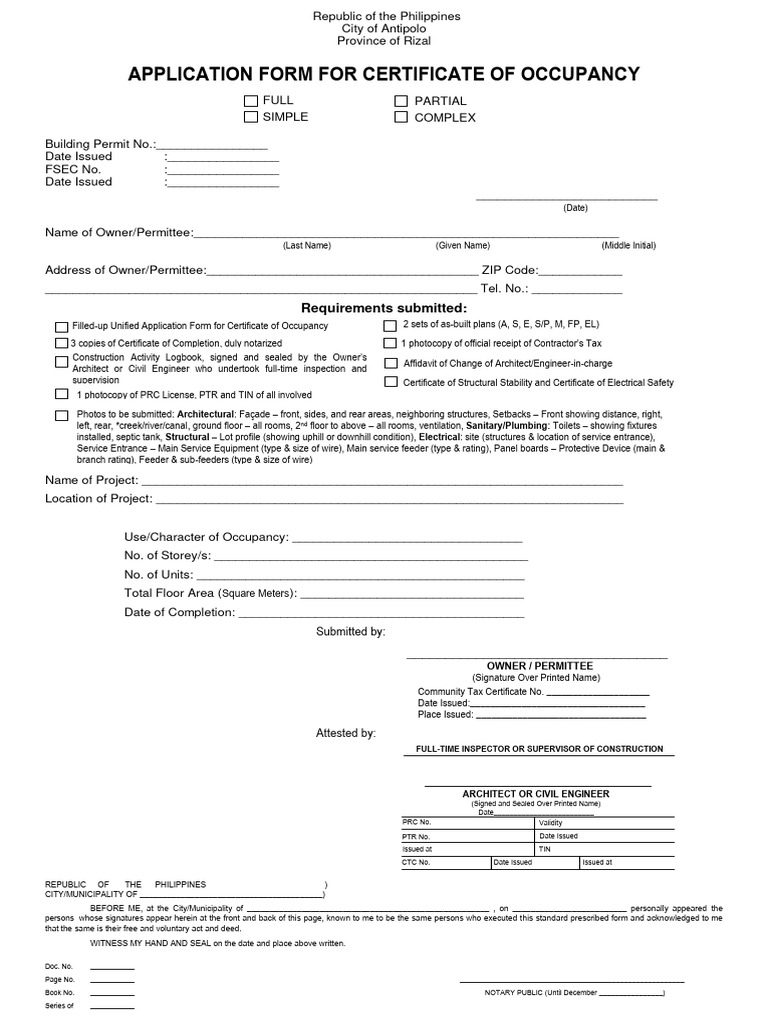 Certificate of Occupancy Application Form | PDF | Finance & Money ...