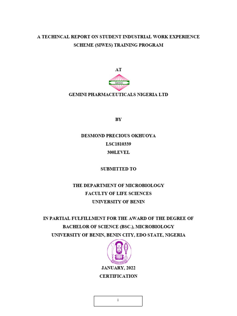 SIWES Report: Training at Gemini Pharmaceuticals | PDF | Laboratories ...