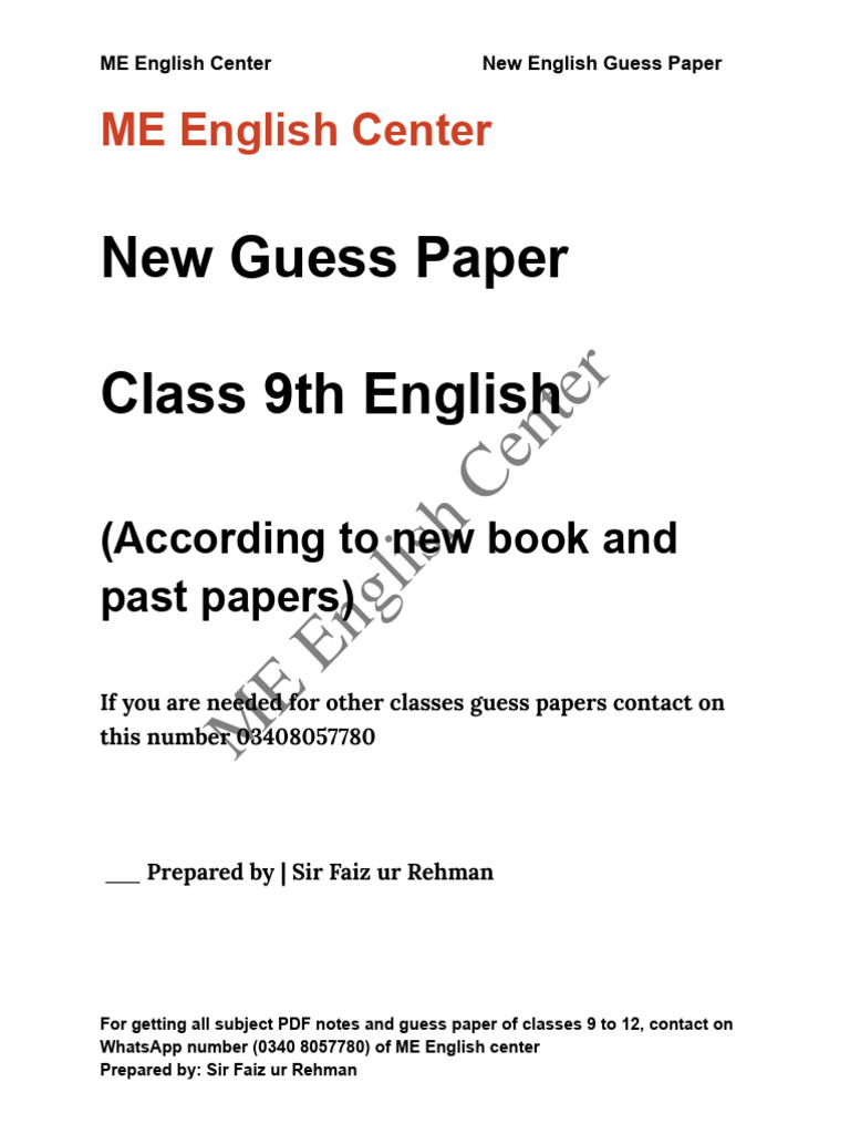 Class 9 New English Guess Paper | PDF | Muhammad Ali Jinnah | Malaria