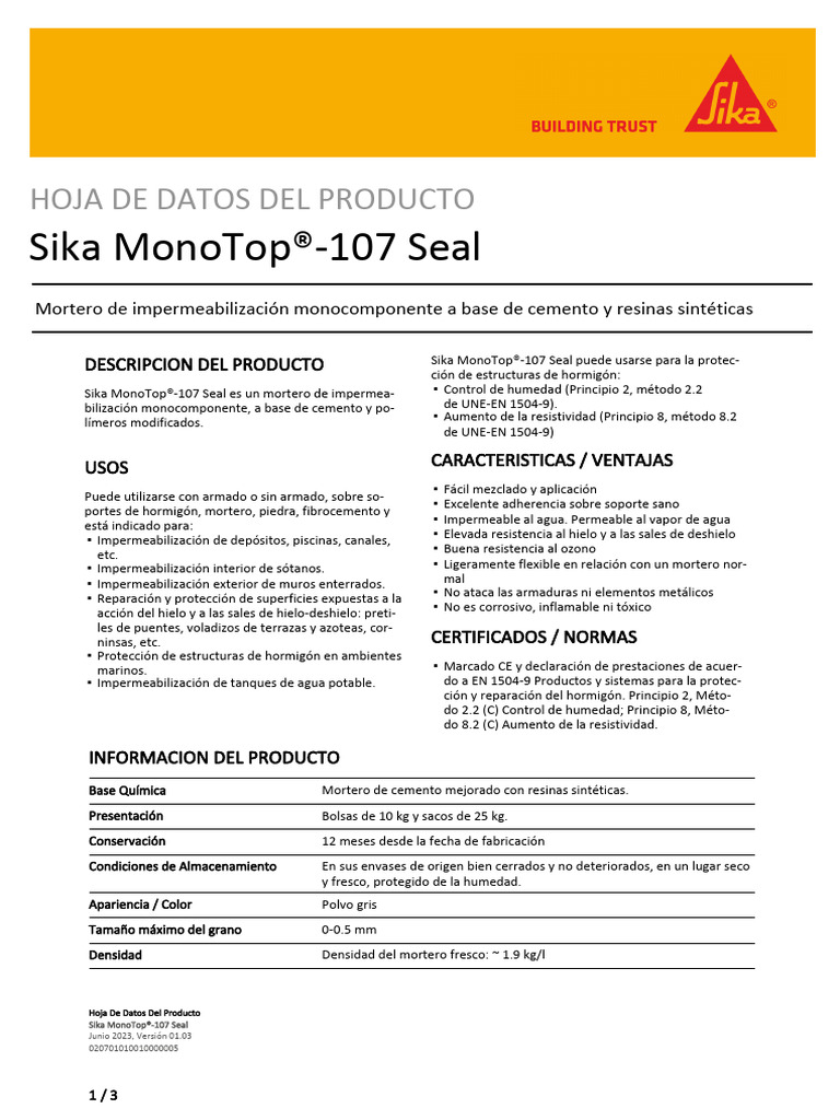 Ficha Tecnica Sika - Monotop - 107seal | PDF | Hormigón | Agua
