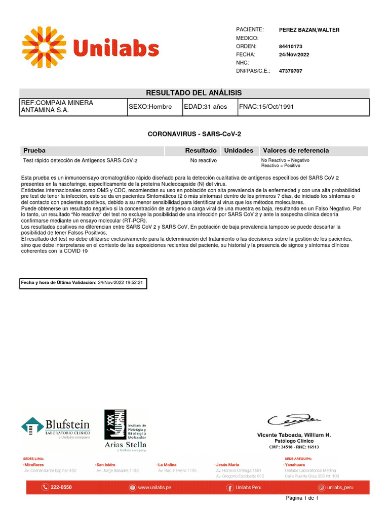 Resultado de Test COVID-19: No Reactivo | PDF | Ciencias de la Salud ...