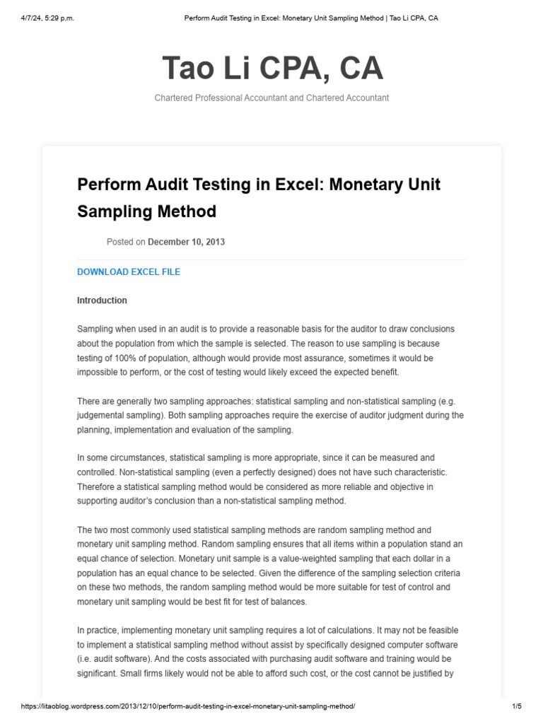 Perform Audit Testing in Excel - Monetary Unit Sampling Method - Tao Li ...