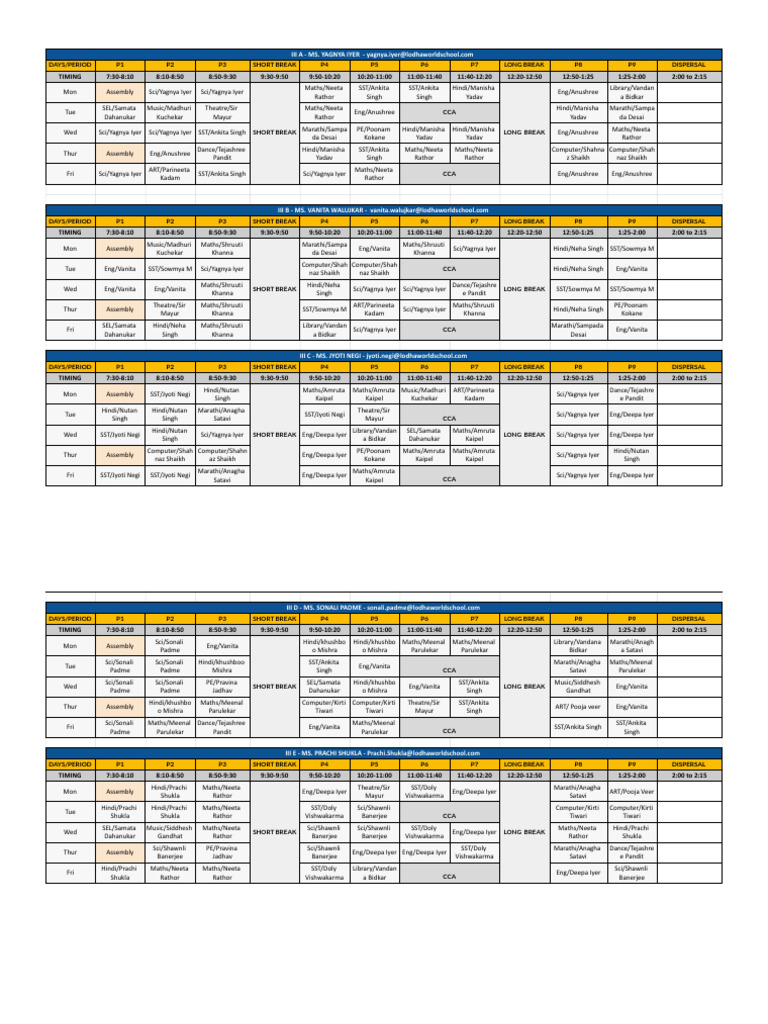 Class III - Timetable 2024-25 | PDF