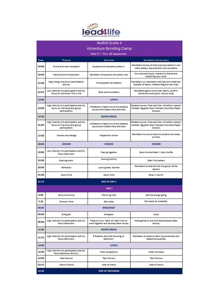 Grade 4 Adventure Camp Schedule | PDF