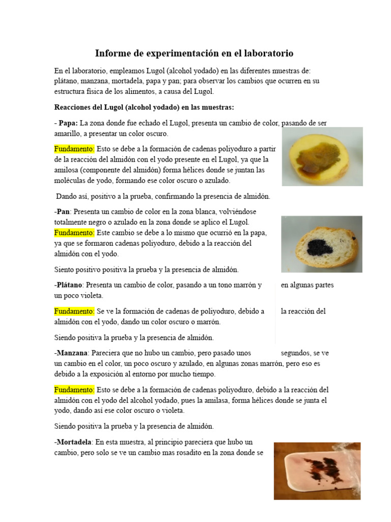 Reacción del Lugol con Almidón en Alimentos | PDF | Almidón | Polisacárido