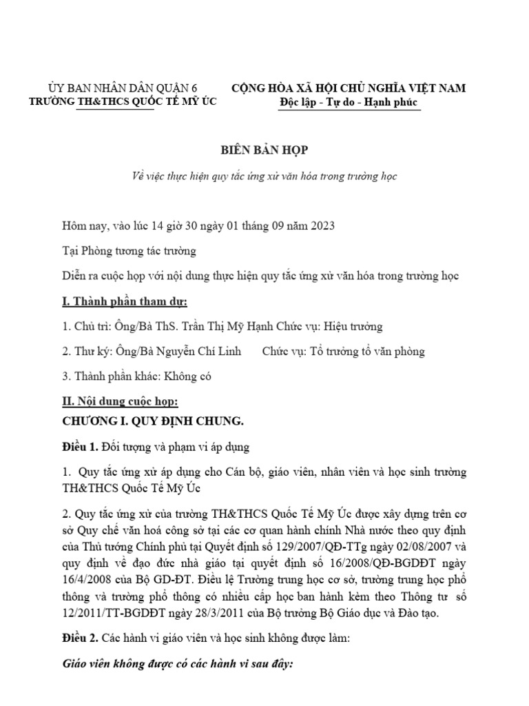 Biên bản ghi nhận giáo viên thực hiện đầy đủ nội quy, quy tắc văn hóa ứng xử | PDF