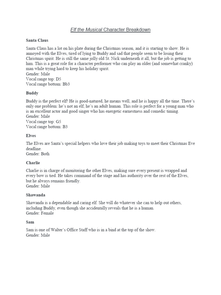 Wp-Contentuploads201809elf Character Breakdown PDF | PDF | Christmas Fiction | Santa Claus